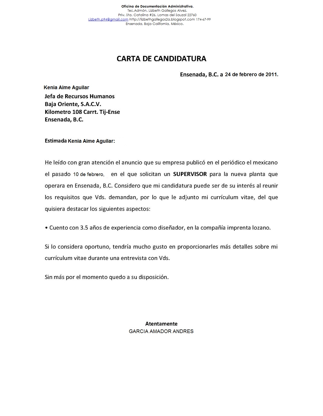 Administracion 2"A" Matutino: CARTA DE CANDIDATURA.