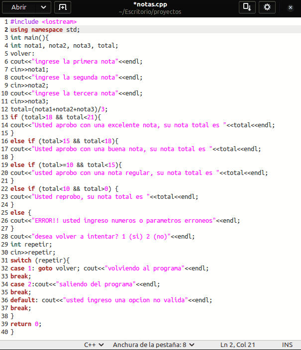 Programa básico en C++ para calcular promedio de notas con un pequeño menú