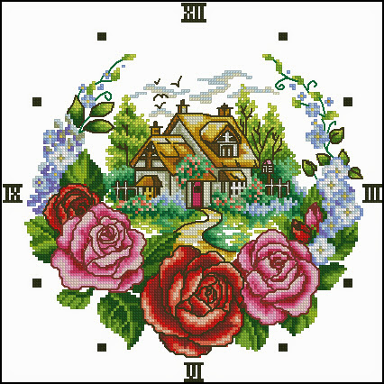 Flower hill clock pattern - Counted cross stitch patterns and charts