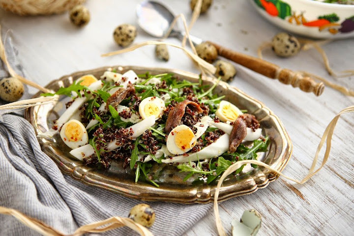 Black Quinoa, Anchovy and Quail Egg Salad