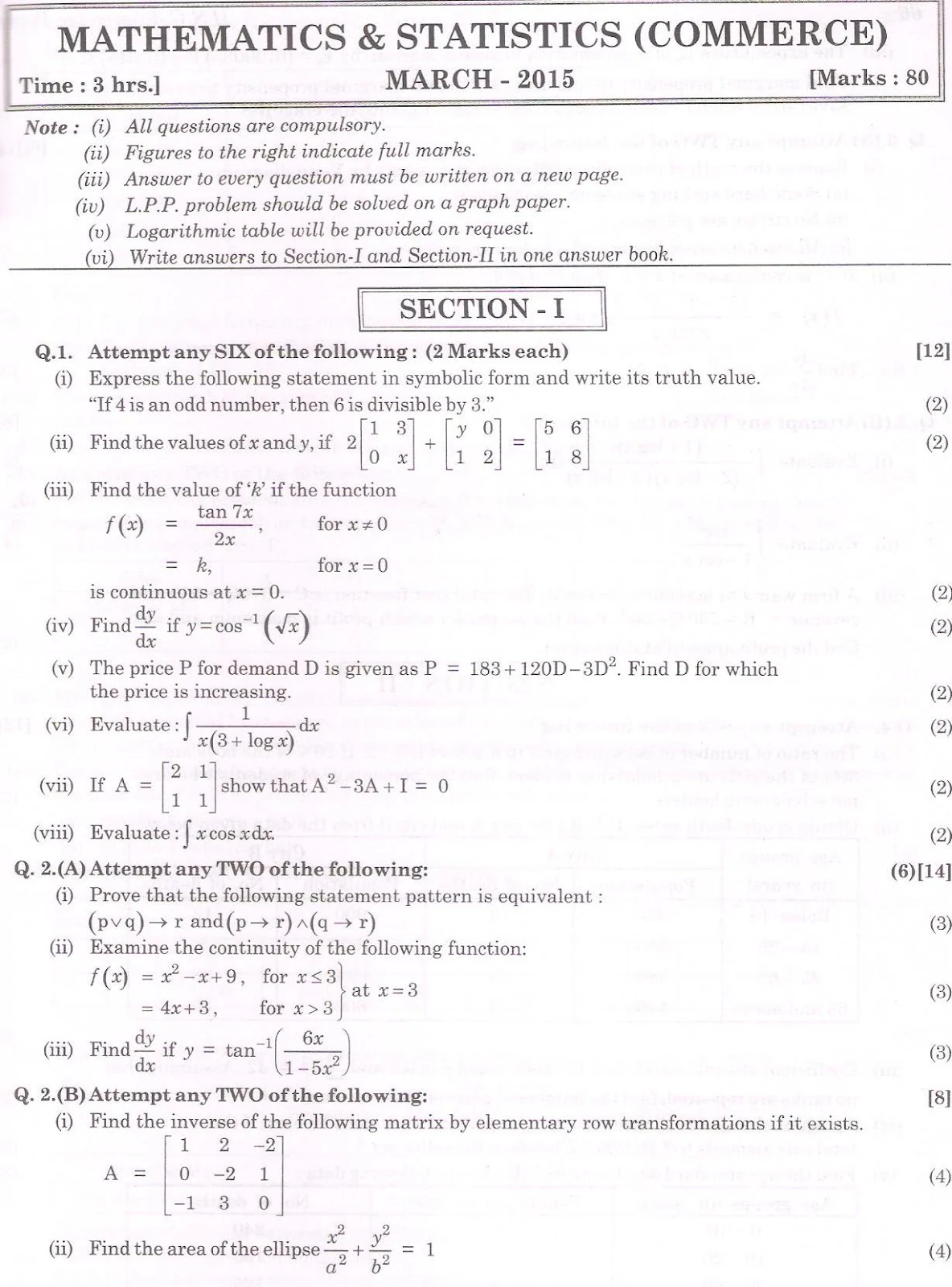 OMTEX CLASSES: MARCH 2015 COMMERCE MATHS HSC BOARD PAPER OMTEX CLASSES: MARCH 2015 COMMERCE MATHS HSC BOARD PAPER