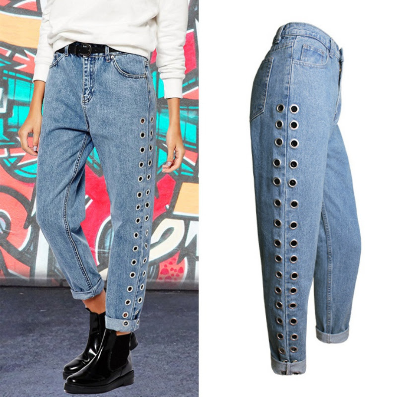 Female Hot Style Jeans Rivets Ripped High Waist Jeans Straight Eyelet ...